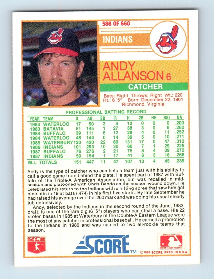 1988 Score Andy Allanson Cleveland Indians #586 | eBay