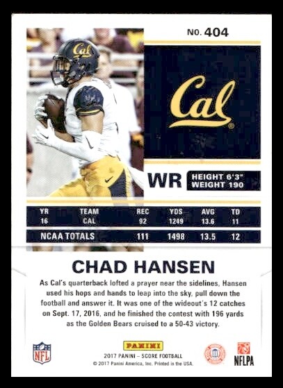 2017 Score #404 Chad Hansen Rookie California Golden Bears | eBay