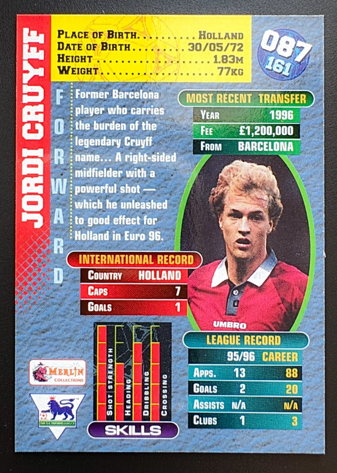 1996-97 Merlin's Premier Gold Soccer Card #87 Jordi Cruyff Manchester ...