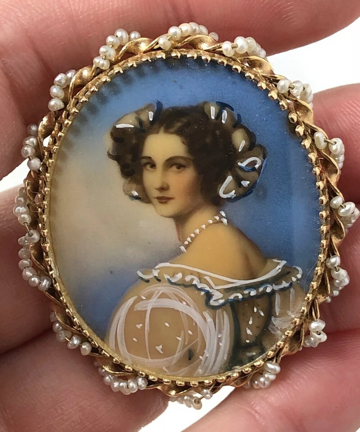 VICTORIAN PAINTED Miniature Portrait 14K Yellow Gold … - Gem
