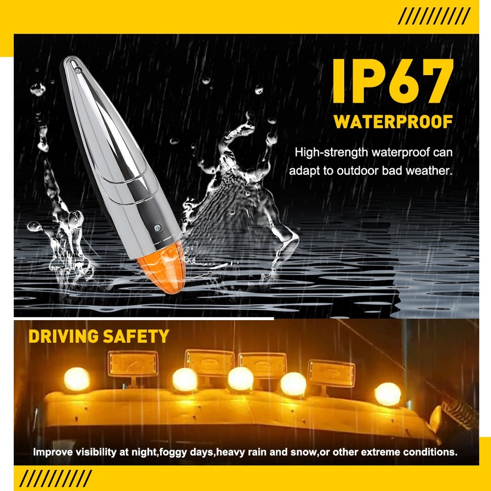 2Pcs Amber Torpedo Cab Marker Lights Chrome LED Truck Roof Top Lights ...