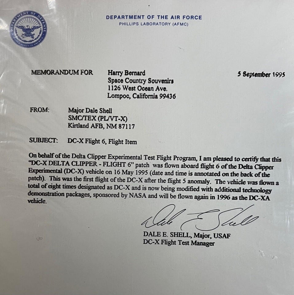 DC-X DELTA CLIPPER TEST FLIGHT 6 FLOWN PATCH 1995 WSMR NM PRESENTATION ...
