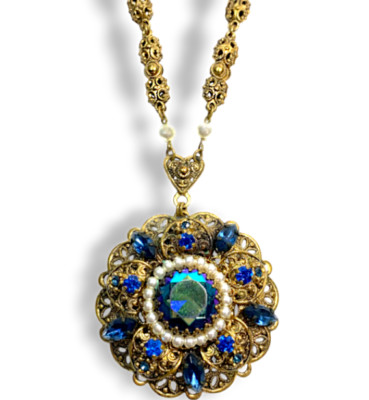 Vintage Signed West Germany Peacock Blue Rhinestone & Pearls Filigree ...