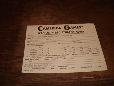 Camerica Games Warranty Registration Card Insert Card Only Nintendo NES ...