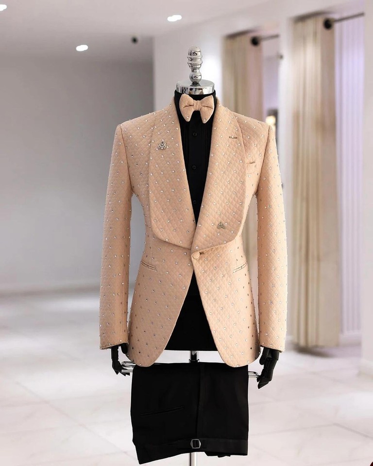 New Camel Luxury Rhinestone Suits for Men's Wedding Groom Wear 2 Pieces ...