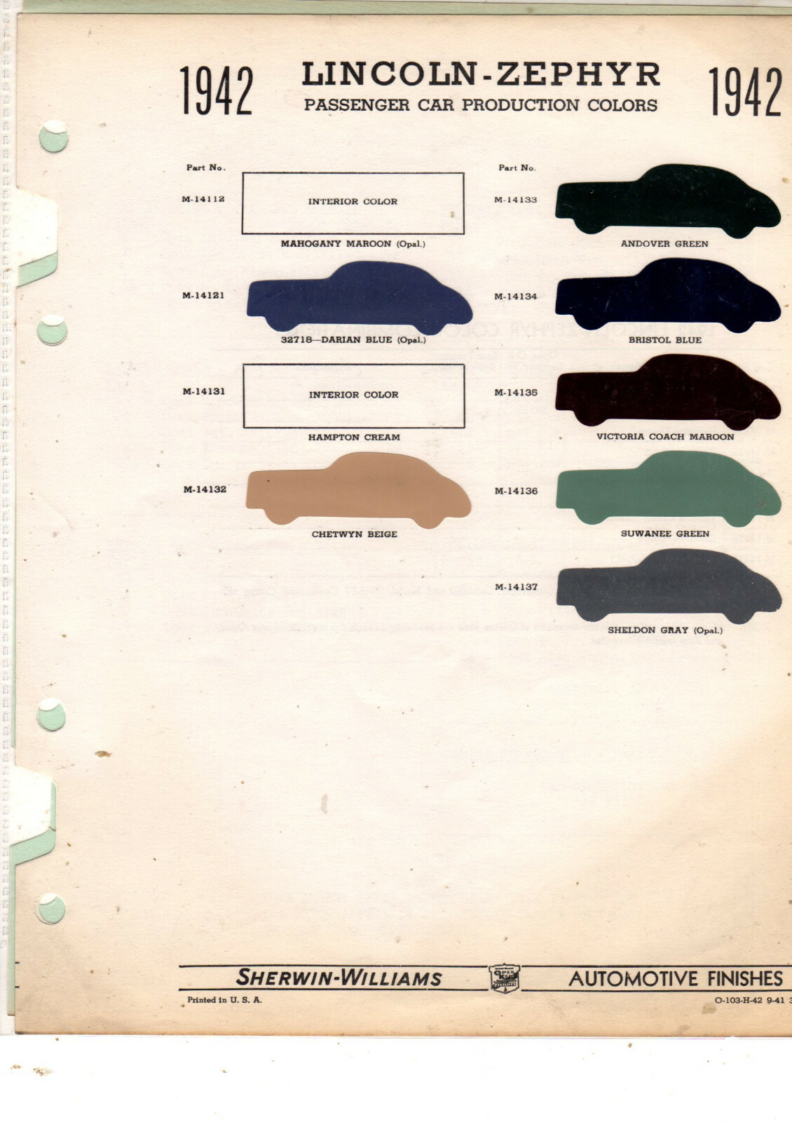1942 LINCOLN ZEPHYR CUSTOM CONTINENTAL PAINT CHIPS 42 SHERWIN WILLIAMS ...