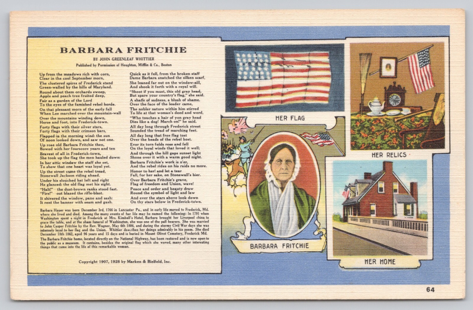 Postcard Barbara Fritchie Biography and Poem | eBay