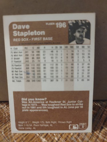 Dave Stapleton Autographed 1983 Fleer Signed Baseball Card #196 Boston ...