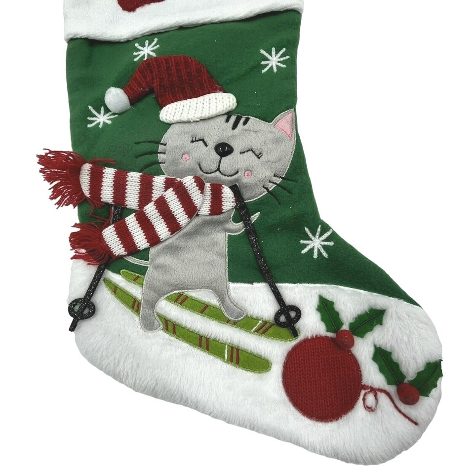 Pet Christmas Stocking Cat Kitten Skiing Paws Scarf Green White Hanging ...