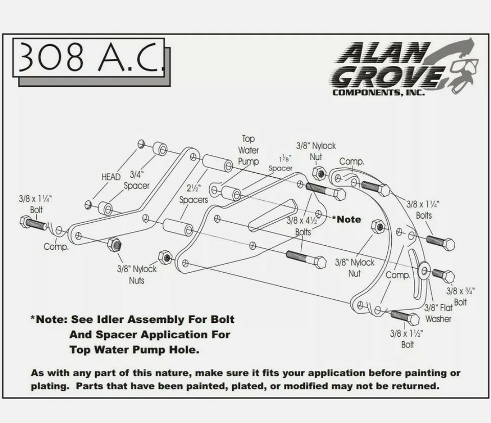 Alan Grove 308 Bracket Kit Set Alternator A/C Air Compressor SBC LWP 87 ...