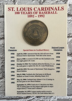 St. Louis Cardinals Centennial 1892-1992 Bronze Coin 100 Years of ...