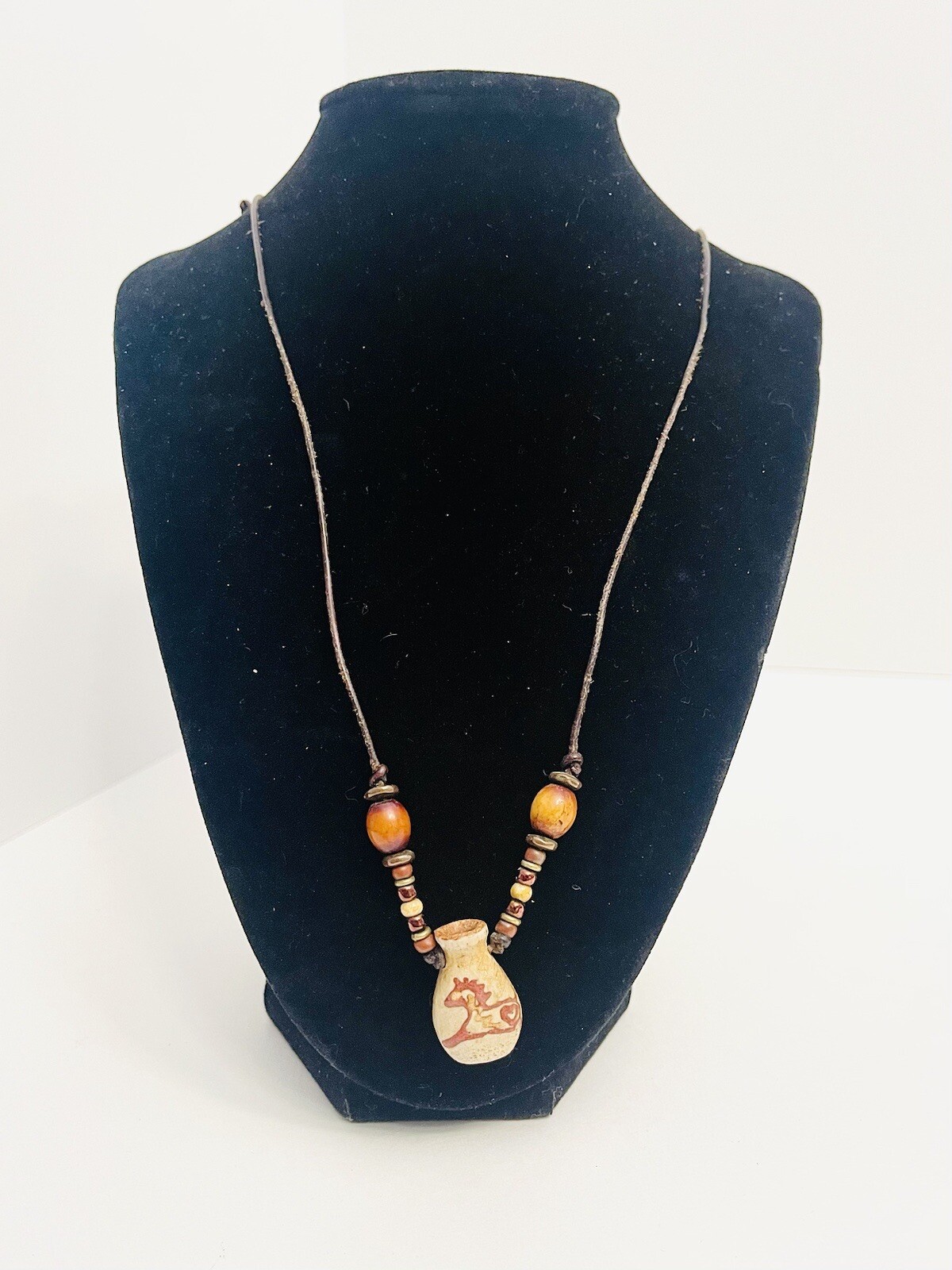 Vintage Leather Pull Necklace With Tribal Caveman Horse Dragonfly Vase ...