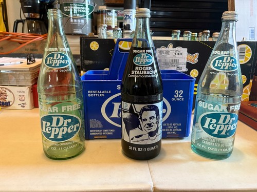 3 - Dr. Pepper. Sugar free 32oz. Bottles. Include Rogar Staubach Commemorative. | eBay