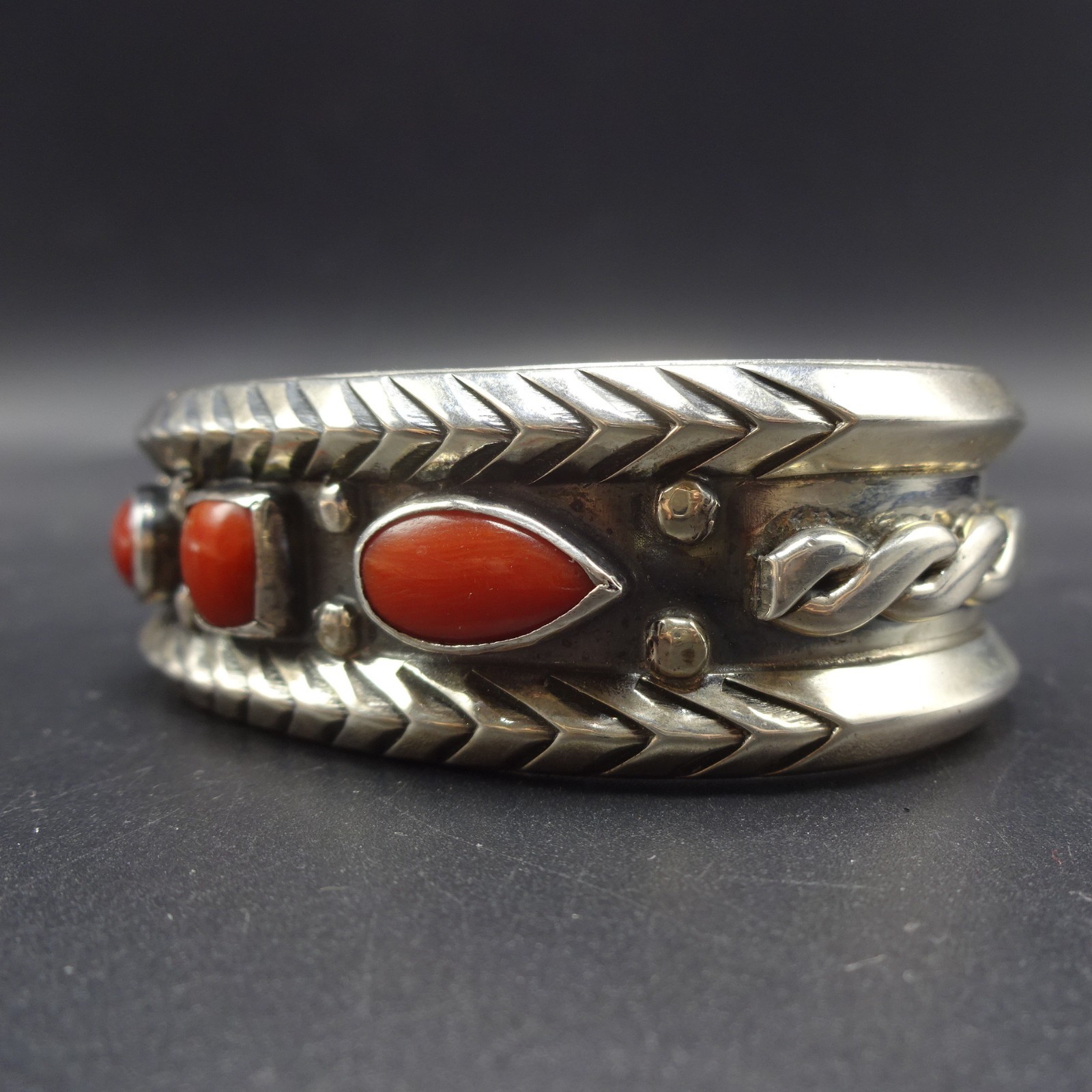 OLD Heavy Gauge CHISEL Stamped Sterling Silver CORAL Cuff BRACELET 60g ...