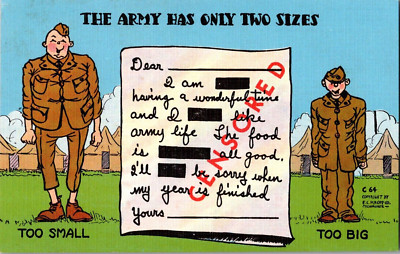 Postcard WWII Era Military Humor Army Sizes Too Small Too Big Linen ...