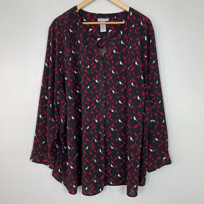Catherines Top 3X Black Red Cardinal Bird Print Long Sleeve Popover ...