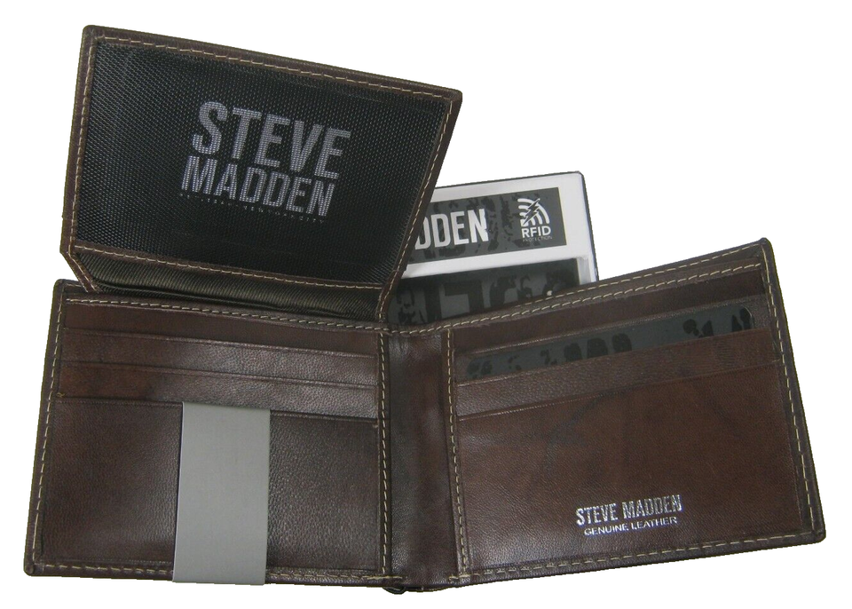 Steve Madden Men's Genuine Leather Bifold Wallet Brown RFID Protection ...