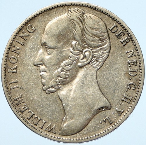 1848 Netherlands King WILLIAM II Wreath ANTIQUE OLD Silver Gulden Coin ...