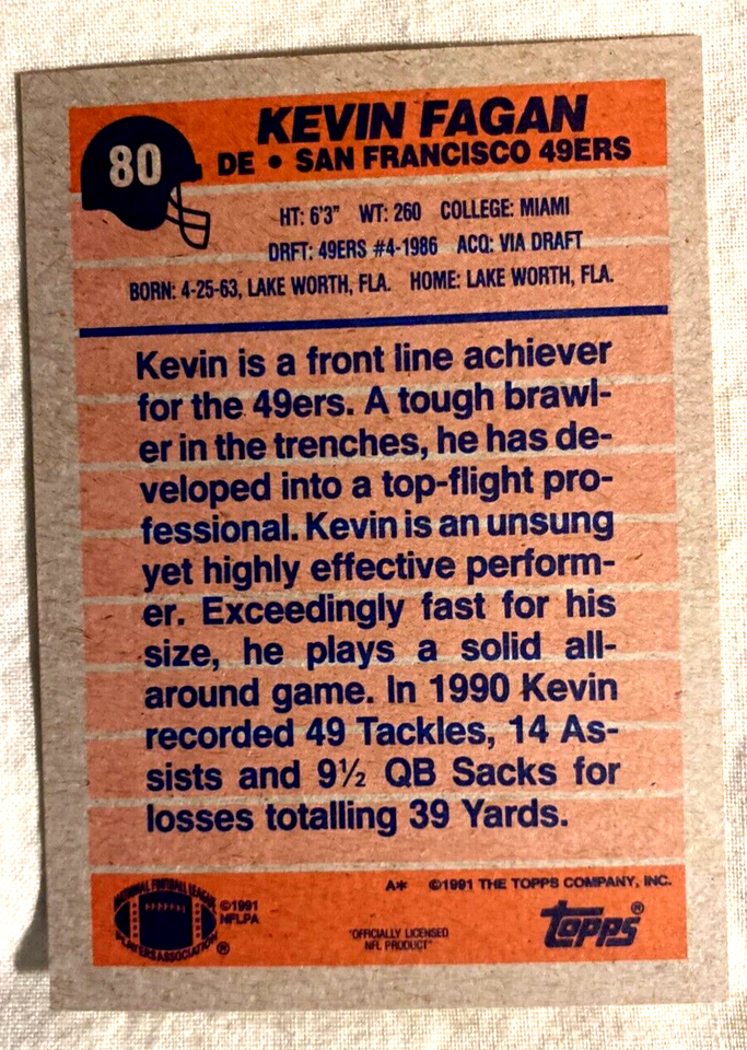 1991 TOPPS 49ERS /KEVIN FAGAN FOOTBALL CARD #80 | eBay