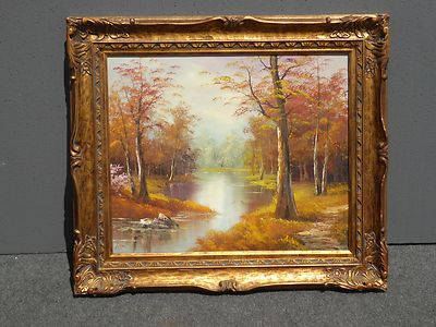 Vintage Orange Autumn Forest River Picture Oil on Canvas Painting ...