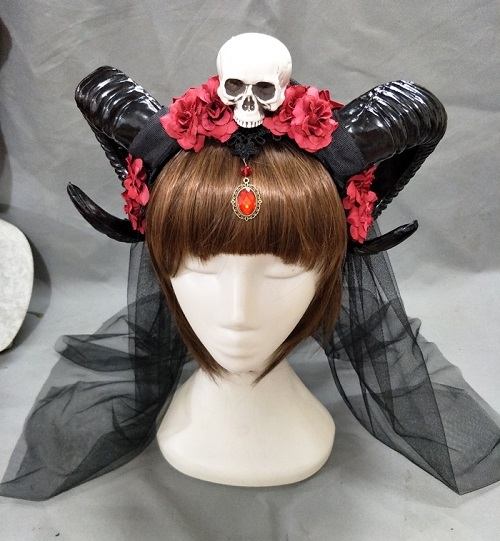 Gothic Devil Headband Floral Horns Headpieces Halloween Skull Veil ...