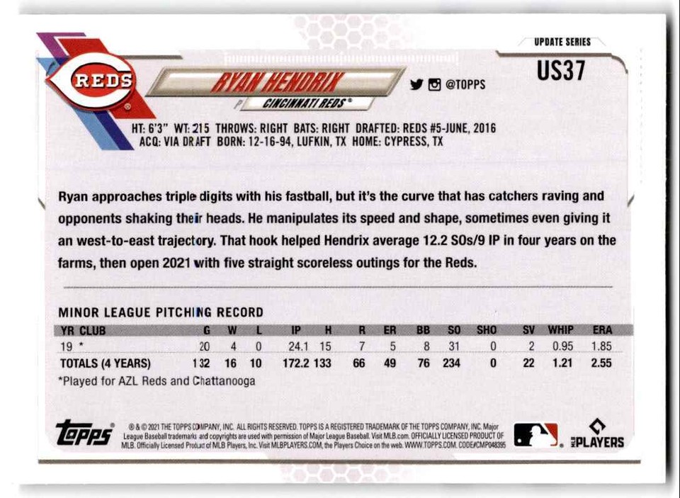 2021 Topps Update Ryan Hendrix Rookie Cincinnati Reds #US37 | eBay