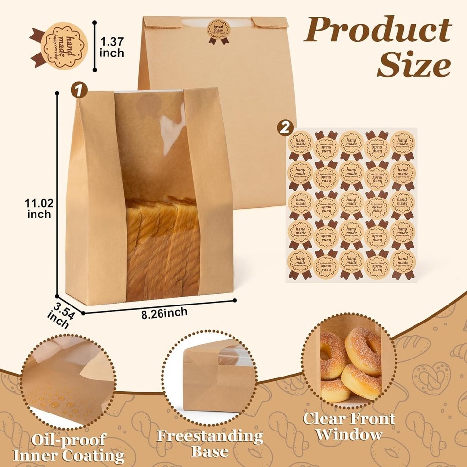 60 Pack Sourdough Bread Paper Bags with Window Stickers Bakery Loaf ...