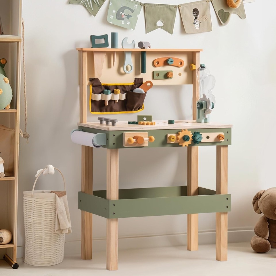 Robud Wooden Tool Bench Kids Toddlers Pretend Play Workbench Set for ...