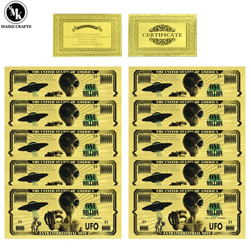 10Pcs UFO One Million Dollars Gold Foil Banknote Alien Plastic Money ...