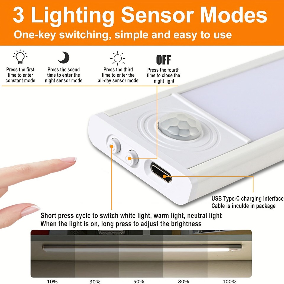 LED Motion Sensor Under Cabinet Closet Light USB Rechargeable Kitchen ...