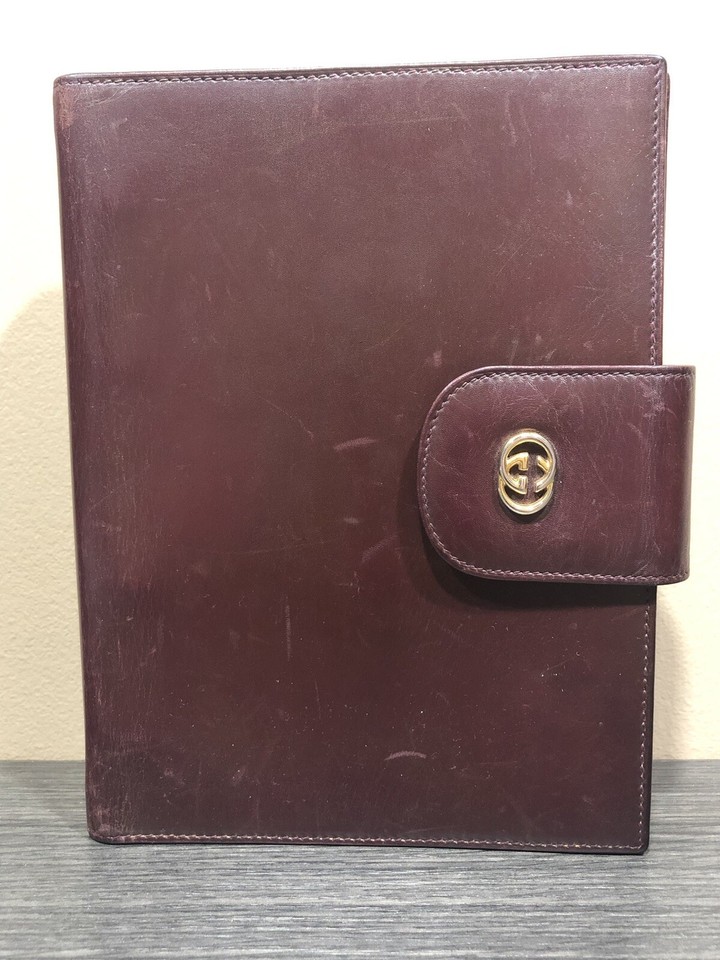 GUCCI Vintage Gold GG Logo Agenda Day Planner Binder Cover Leather ...