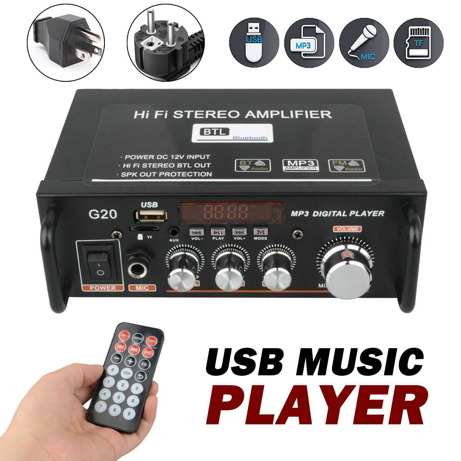 Digital bluetooth Audio Power Amplifier Stereo Amp Remote DC/AC Music ...