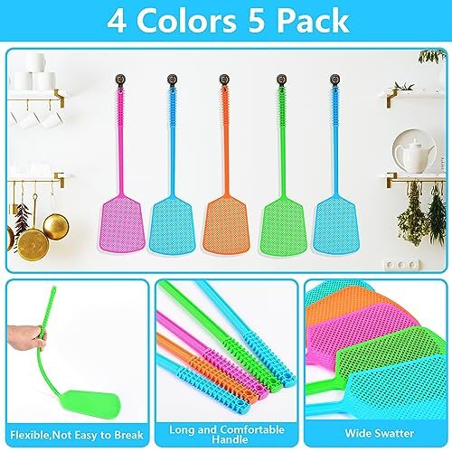 Fly Swatter5 Pack Plastic Heavy Duty Manual Fly Killer Long Handle ...