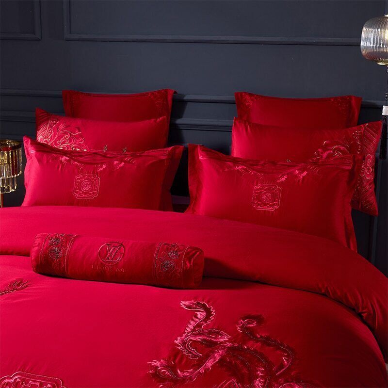 Embroidered Chinese Wedding Pure Red Tassel Cotton Bedding Set 4/6/8 ...