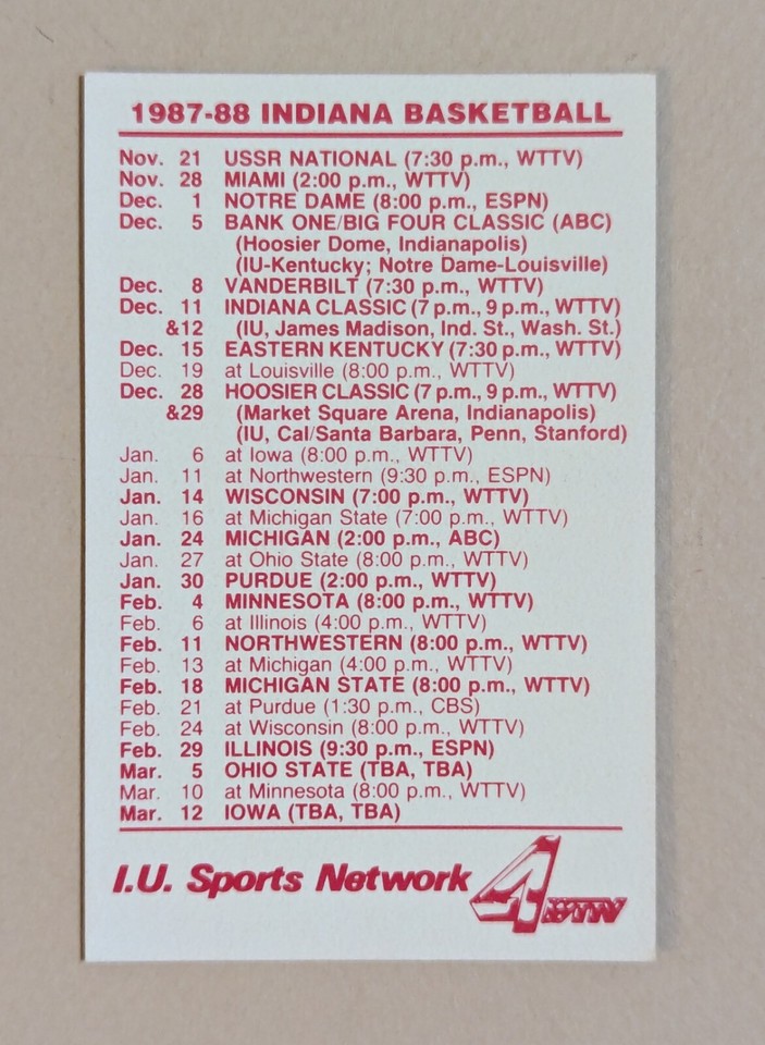 1987-88 Indiana Hoosiers College Basketball Pocket Schedule Card NCAA 🏀 ...