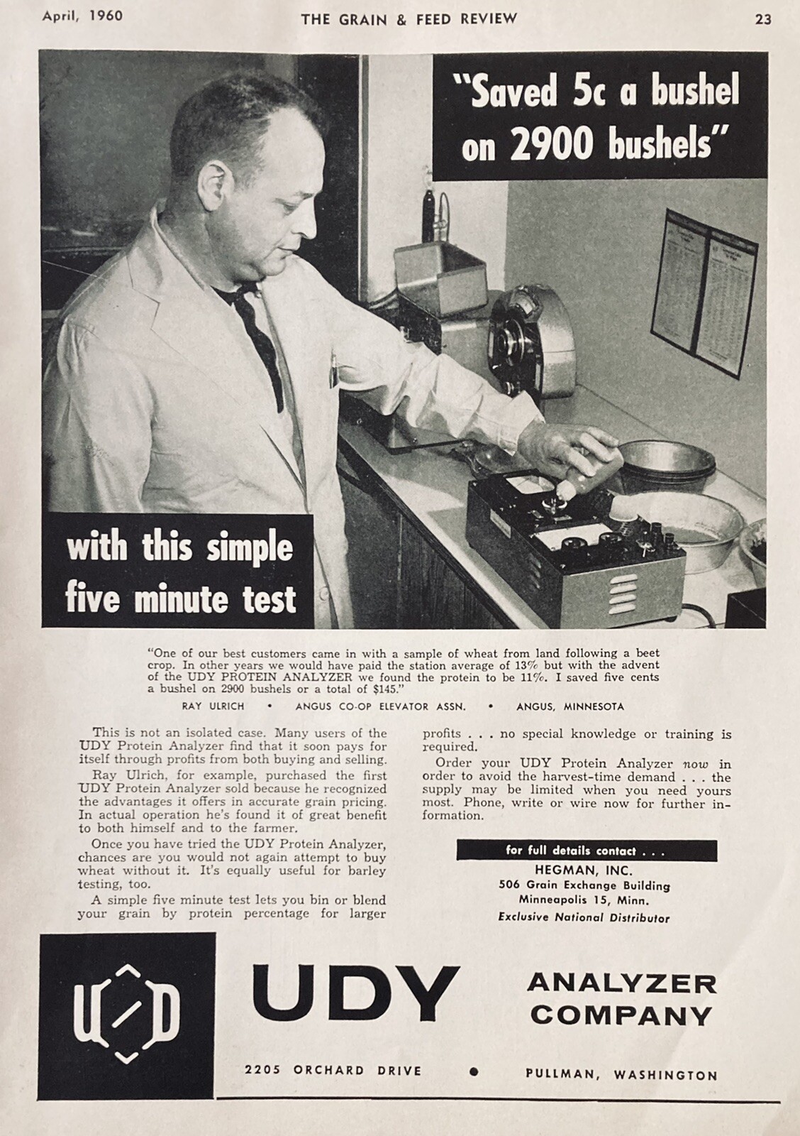 1960 AD(XH45)~UDY ANALYZER CO. PULLMAN, WA. UDY PROTEIN ANALYZER | eBay