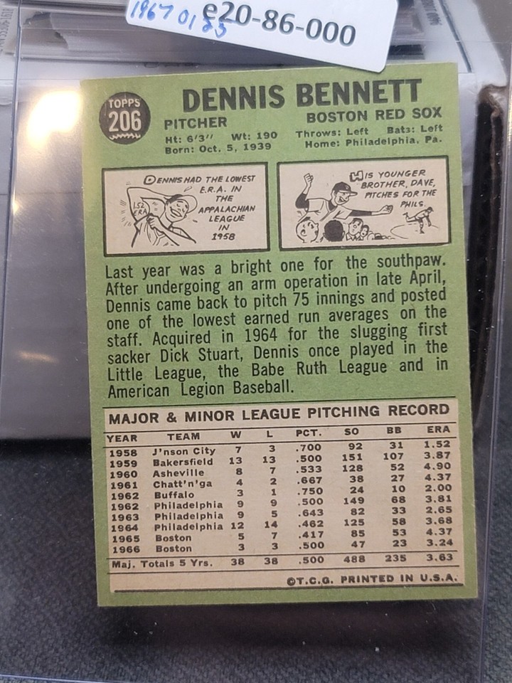 1967 TOPPS DENNIS BENNETT # 206 BOSTON RED SOX EX-NEAR MINT | eBay