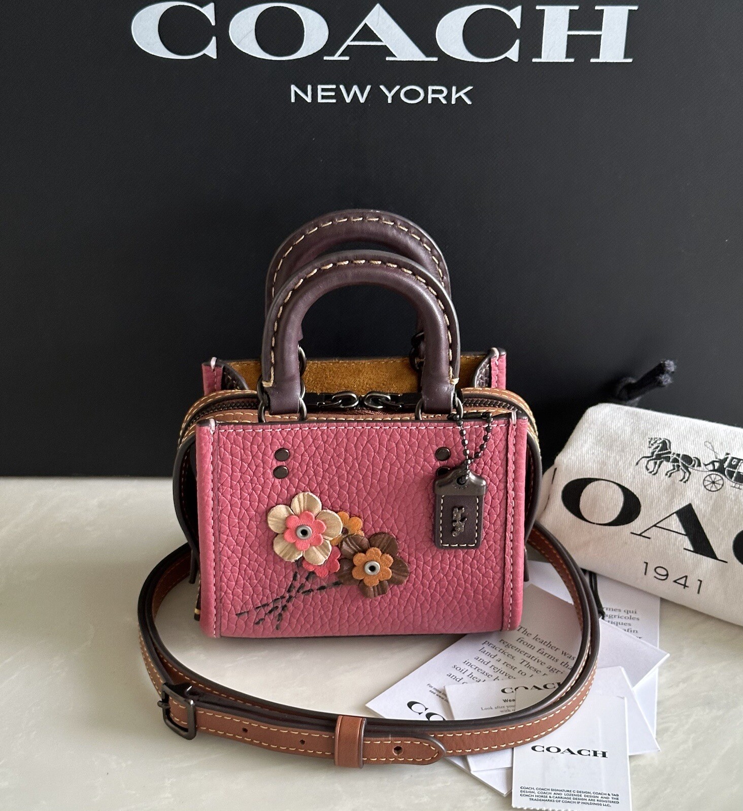 COACH TEA ROSE EMBELLISHED MINI ROGUE 12 ROUGE/MULTI PEBBLE LEATHER ...