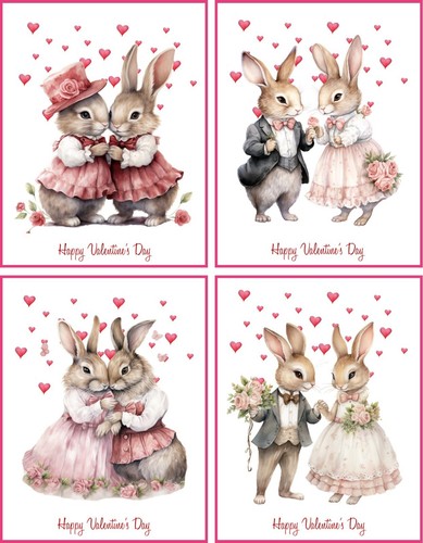VALENTINE BUNNY RABBIT COUPLES VINTAGE VICTORIAN WATERCOLOR 8 GLOSSY ...