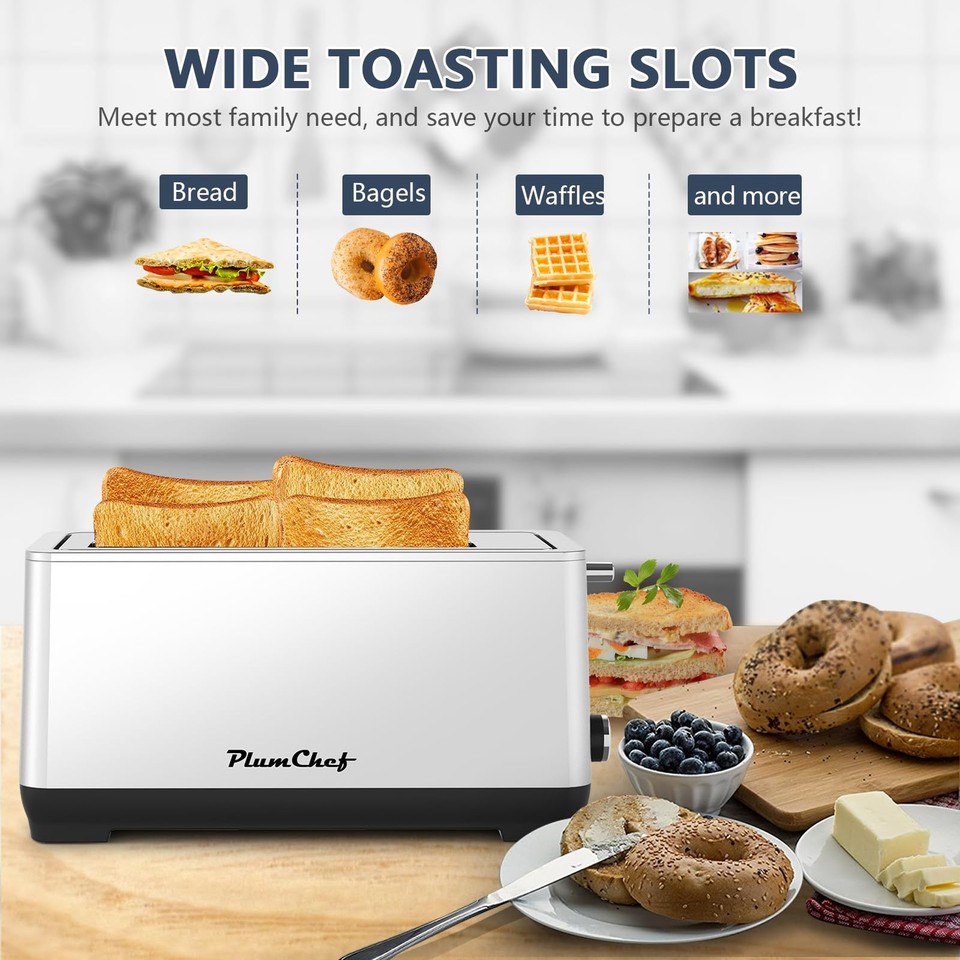 4-Slice Extra Wide Long Slot Toaster (Silver, 1500W) - Stainless Steel ...