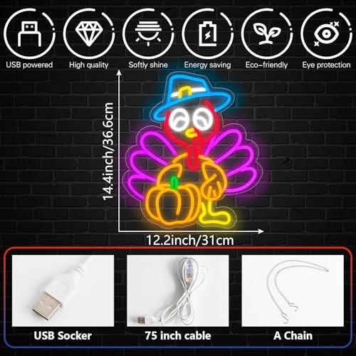 Dimmable Thanksgiving Neon Sign - Turkey & Pumpkin LED Wall Light Decor ...