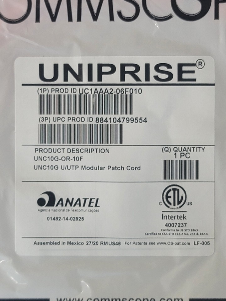 Commscope Uniprise Cat. 6A 10ft. Orange | eBay