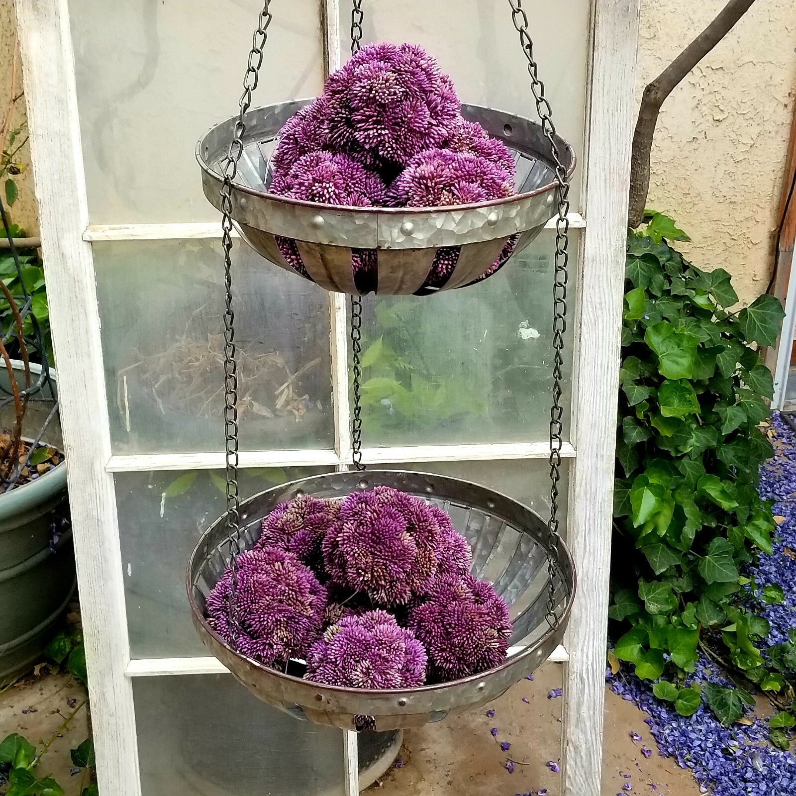 Antique Style Metal Hanging Double Flower Pot Planter with Rustic Slat ...