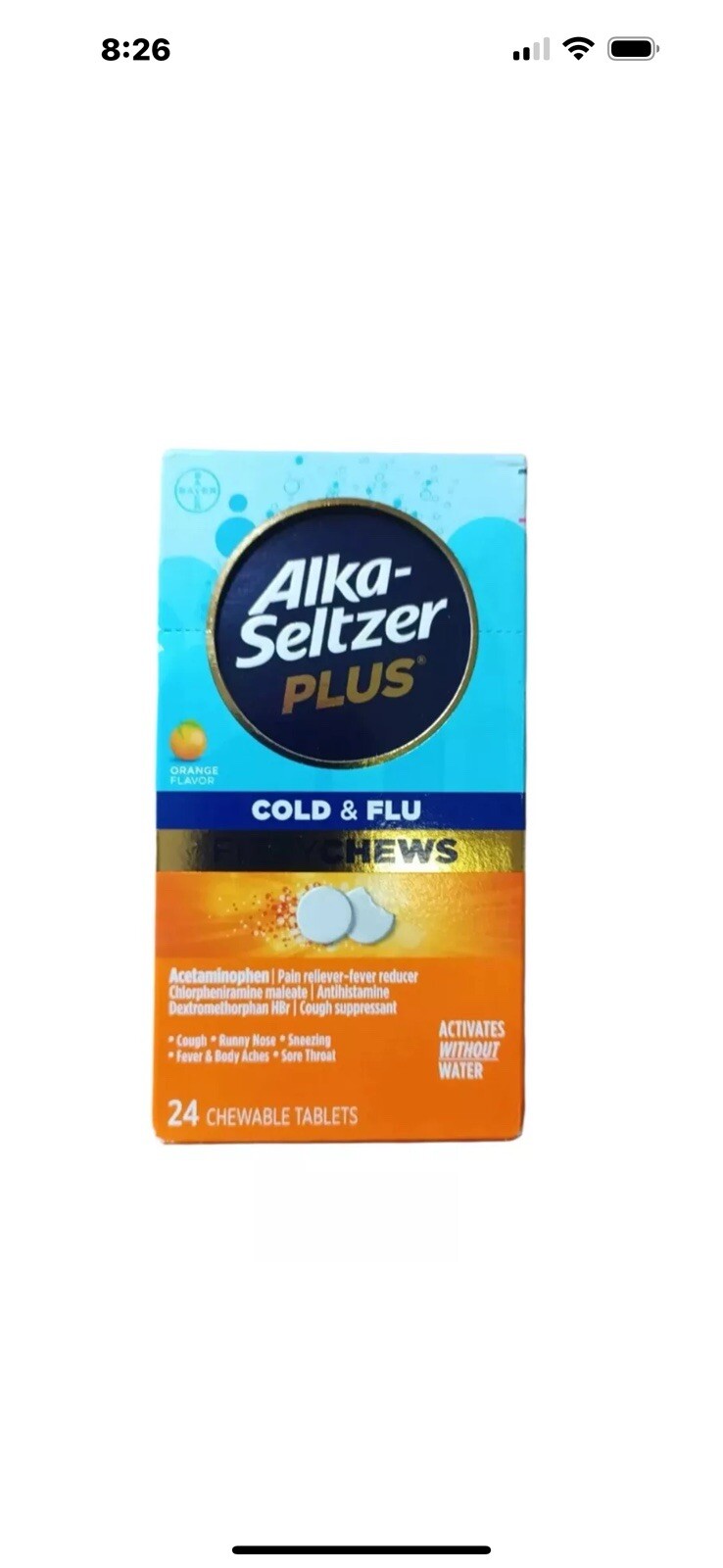 Alka-Seltzer Plus Fizzy Chews Cold & Flu Orange Tablet 24 Ct Exp 07/26 ...