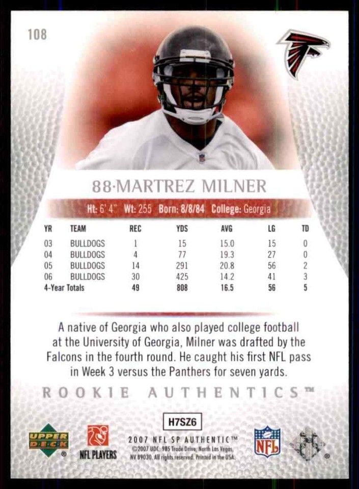 2007 SP Authentic Martrez Milner RC #108 Atlanta Falcons 0585/1399 | eBay