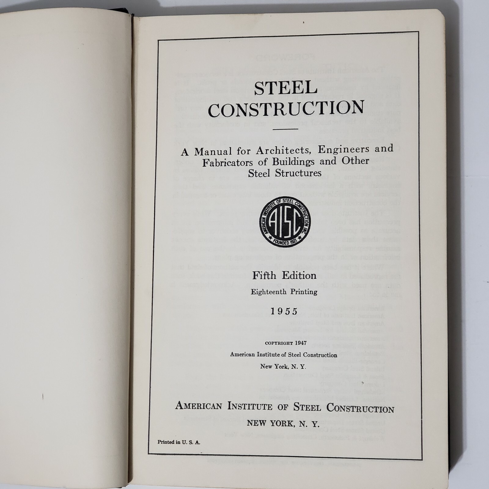 AISC Steel Construction Manual 5TH ED. 1955-HC-Architect-Engineer ...