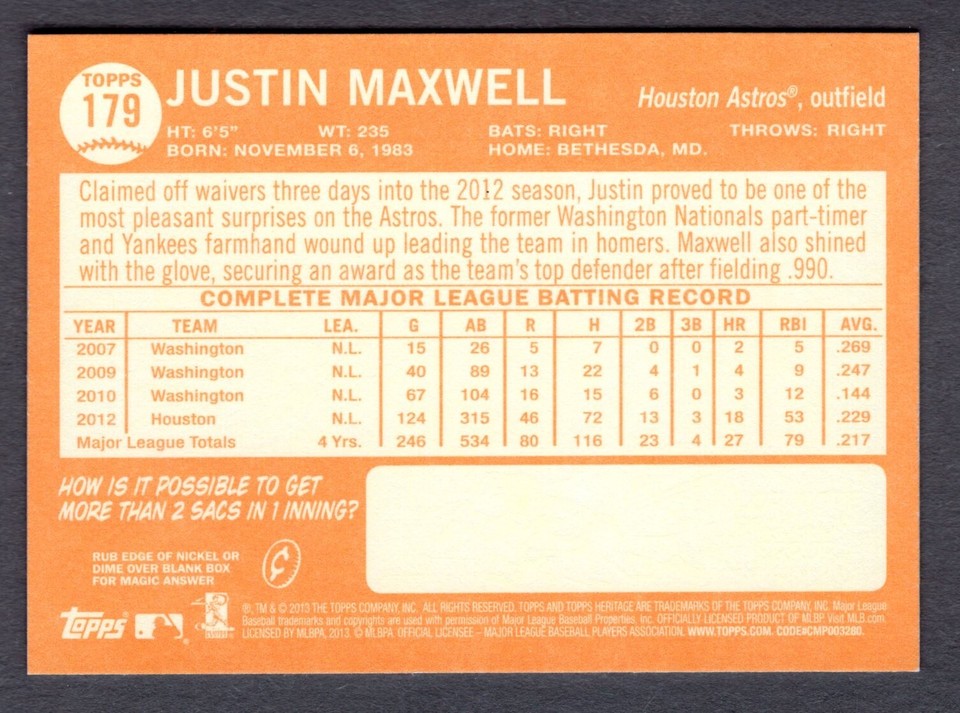 2013 TOPPS HERITAGE JUSTIN MAXWELL CARD #179 **NM-MT** HOUSTON ASTROS ...
