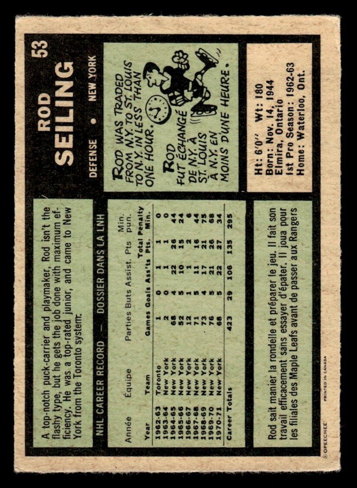1971 OPC O-Pee-Chee Hockey #53 Rod Seiling VG | eBay