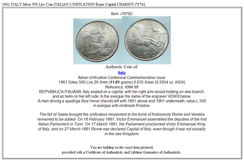 1961 ITALY Silver 500 Lire Coin ITALIAN UNIFICATION Rome Capital ...