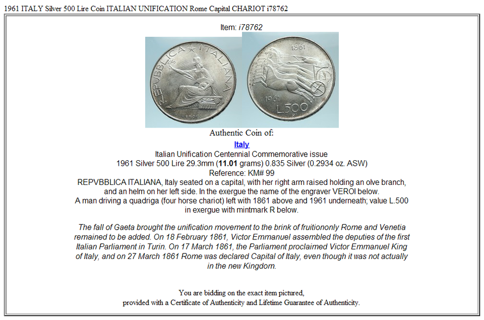 1961 ITALY Silver 500 Lire Coin ITALIAN UNIFICATION Rome Capital ...